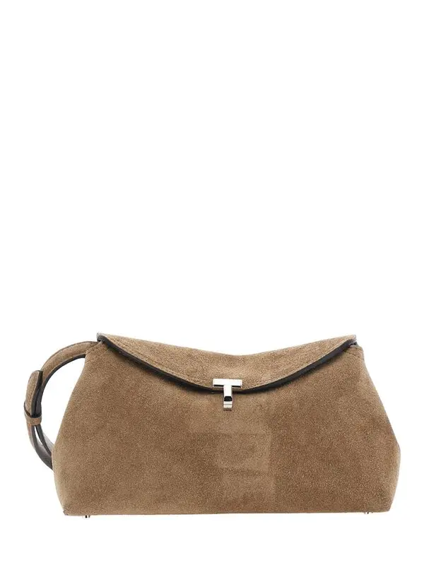 TOTEME T-lock Suede Clutch With Metallic Monogram - Beige