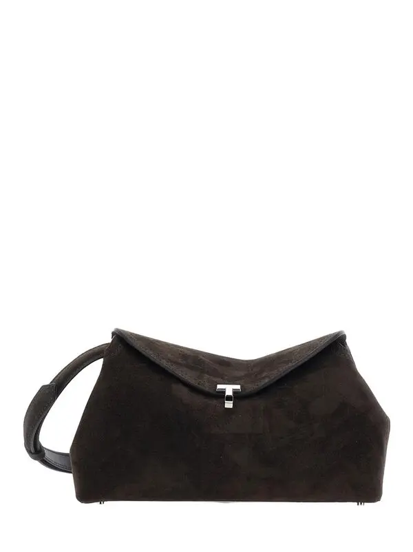 TOTEME T-lock Suede Clutch With Metallic Monogram - Brown
