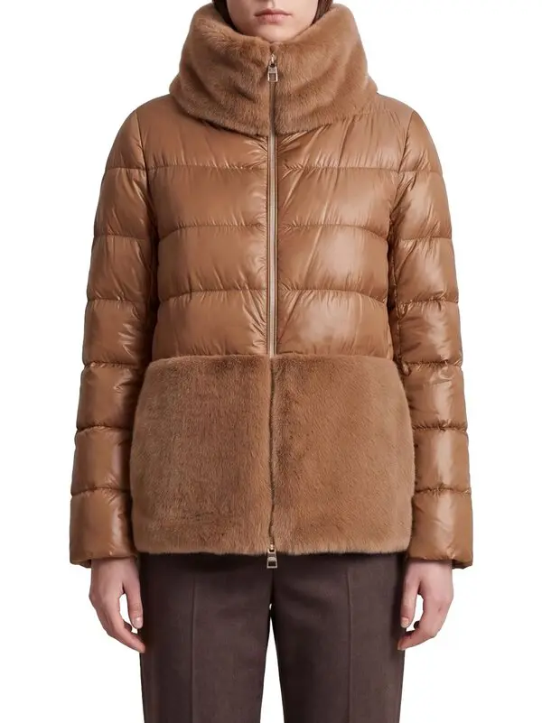 Herno Short Ultralight Nylon Down Jacket With Faux Fur Details - Beige