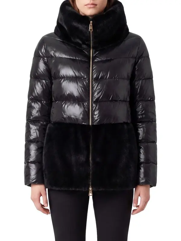 Herno Short Ultralight Nylon Down Jacket With Faux Fur Details - Black