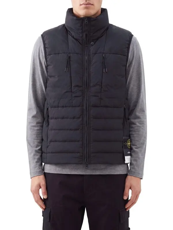 Stone Island Quilted Nylon Vest With Funnel Neck And Compass Logo - Navy