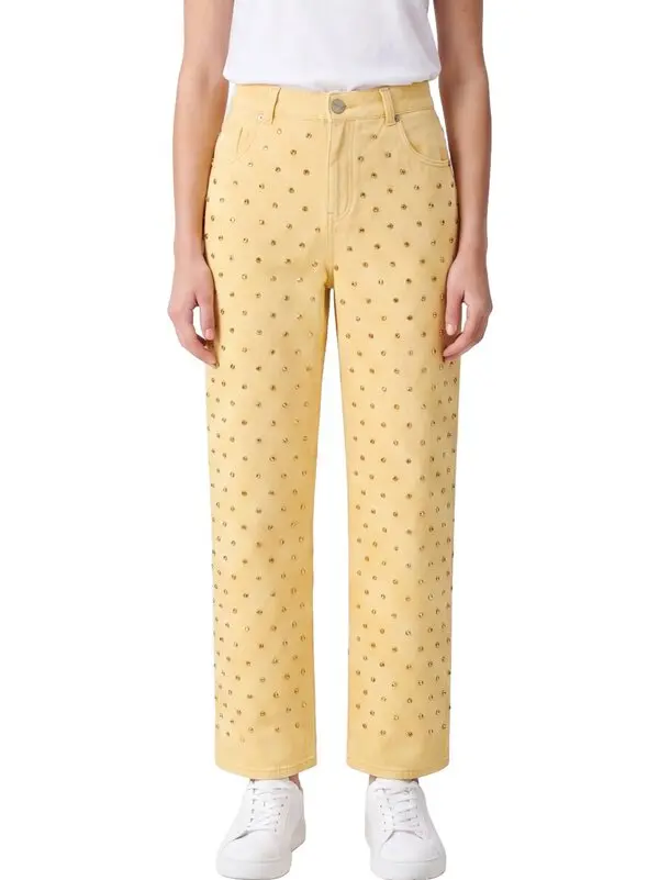 Pinko Rhinestone Embellished Straight-leg Cotton Trousers - Yellow