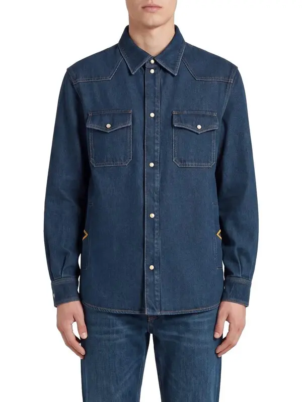 Valentino Garavani Slim Fit Cotton Denim Shirt With Metallic Logo - Blue
