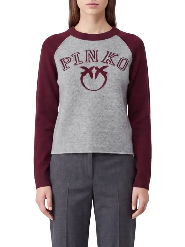 Pinko Slim Fit Wool And Cashmere Crewneck Jumper With Love Birds Logo - Grey