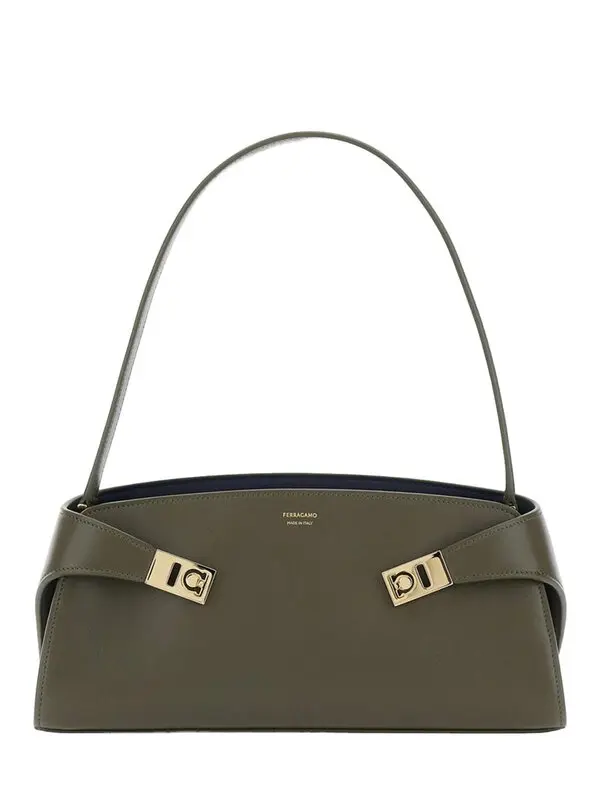 FERRAGAMO Hug Smooth Calfskin Leather Shoulder Bag With Laminated Logo - Olive