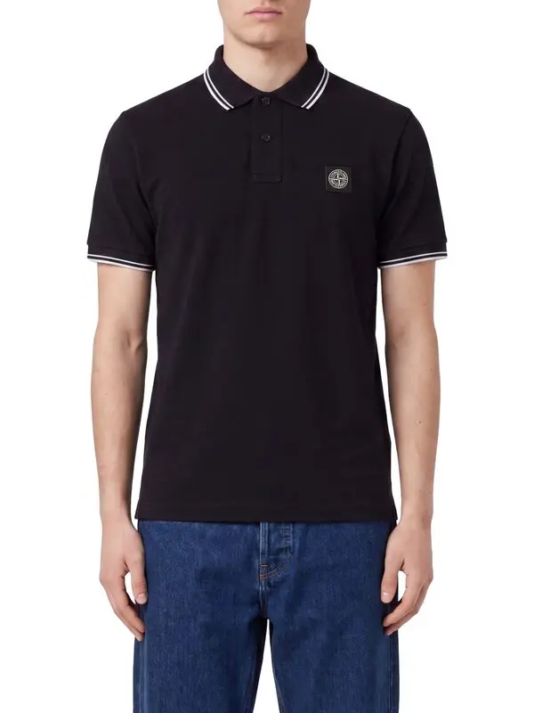 Stone Island Cotton Polo Shirt With Compass Logo And Contrast Striped Collar - Black