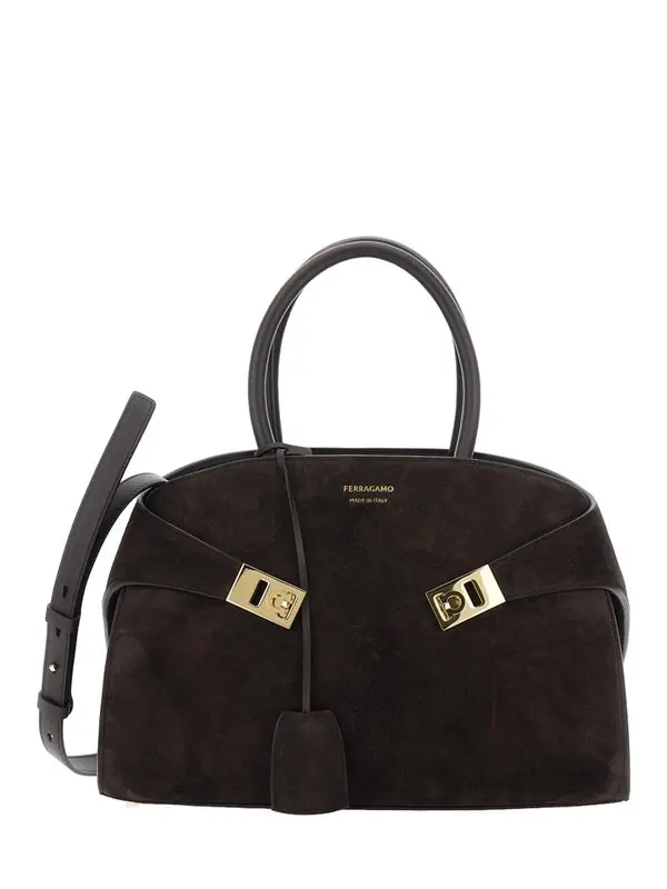 FERRAGAMO Hug Suede Handbag With Double Handle And Shoulder Strap - Black