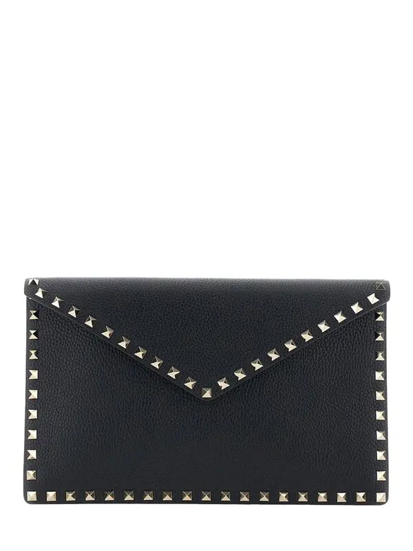 Valentino Garavani Rockstud Grained Calfskin Leather Envelope Clutch - Black