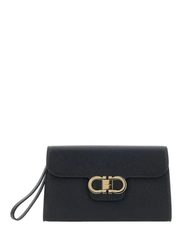 FERRAGAMO Gancini Pouch In Grained Calfskin With Wrist Strap - Black