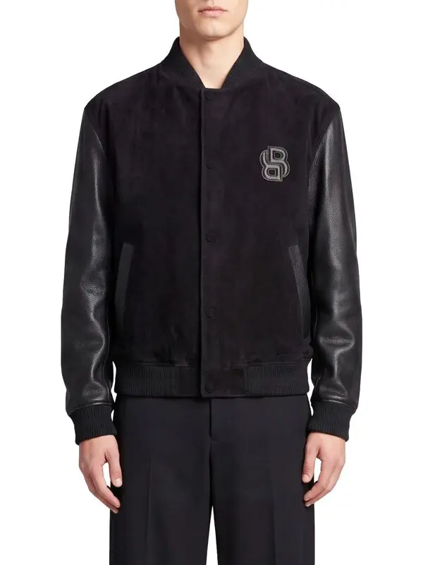 BOSS Faux Leather Varsity Bomber Jacket With Tone-on-tone Logo - Black
