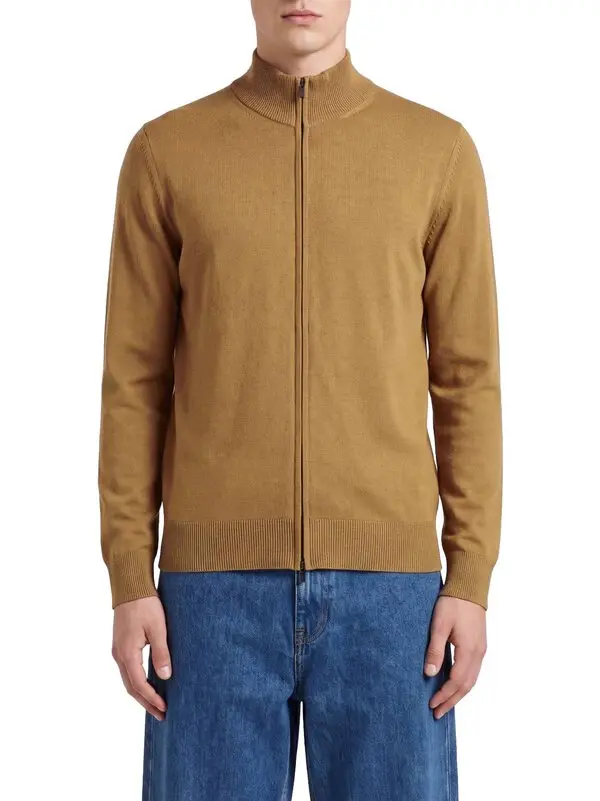 BOSS Slim Fit Virgin Wool Zip-up Turtleneck Cardigan - Brown