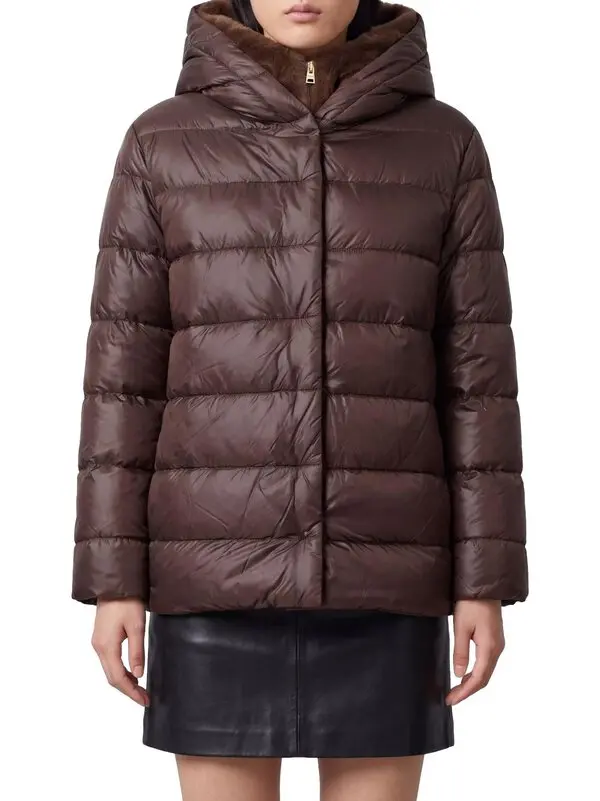 Herno Water-repellent Nylon Down Jacket With Shearling Hood - Brown