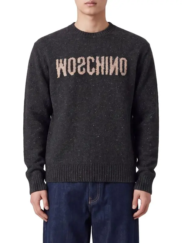 Moschino Wool And Silk Blend Crew Neck Jumper With Jacquard Logo - Grey