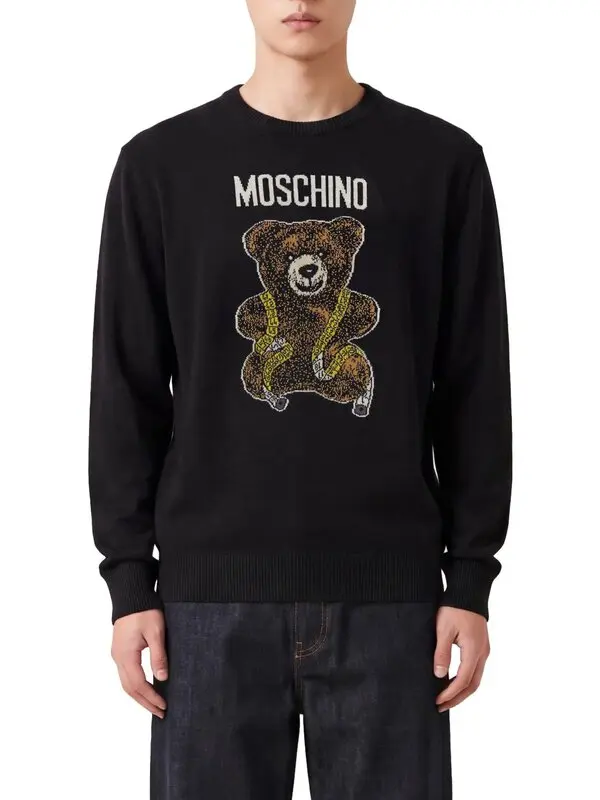 Moschino Virgin Wool Crew-neck Jumper With Teddy Bear Print - Black