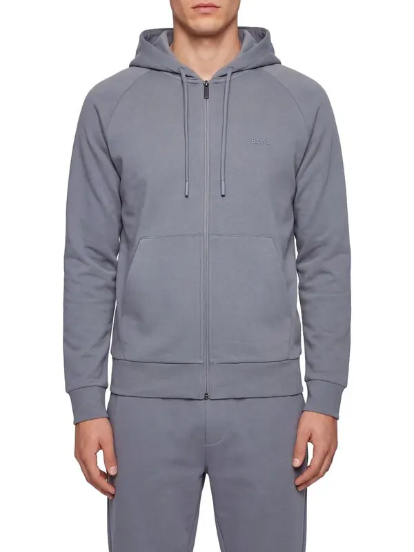 BOSS Tonal Logo Zip-up Cotton Hoodie - Grey