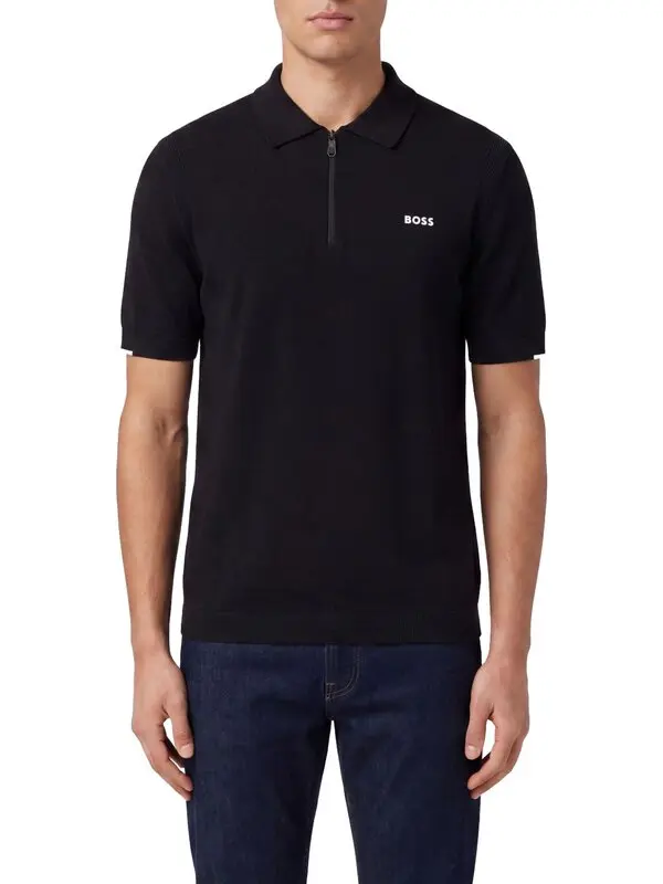 BOSS Cotton Knit Zip-up Polo Shirt - Black