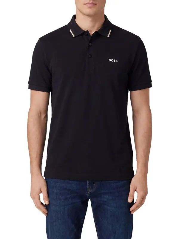 BOSS Short-sleeved Cotton Polo Shirt With Contrasting Logo - Black