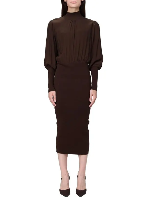 TWINSET Crêpe De Chine Midi Sheath Dress With Puff Sleeves - Brown
