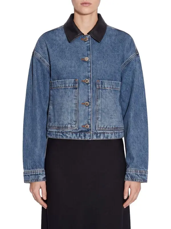 ANINE BING Denim Jacket With Leather Collar And Drop Shoulder - Blue