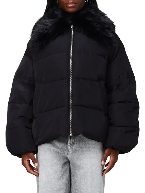 TWINSET Water-repellent Cropped Puffer Jacket With Removable Faux Fur Collar - Black