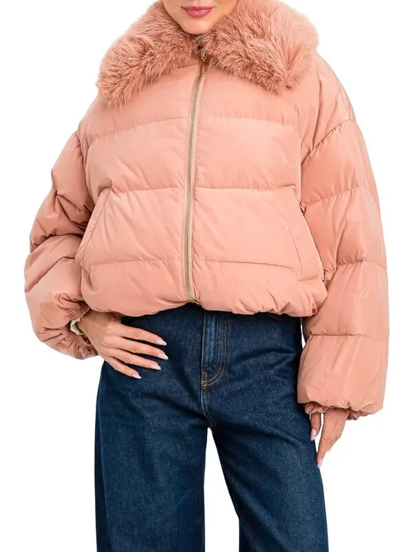 TWINSET Water-repellent Cropped Puffer Jacket With Removable Faux Fur Collar - Pink