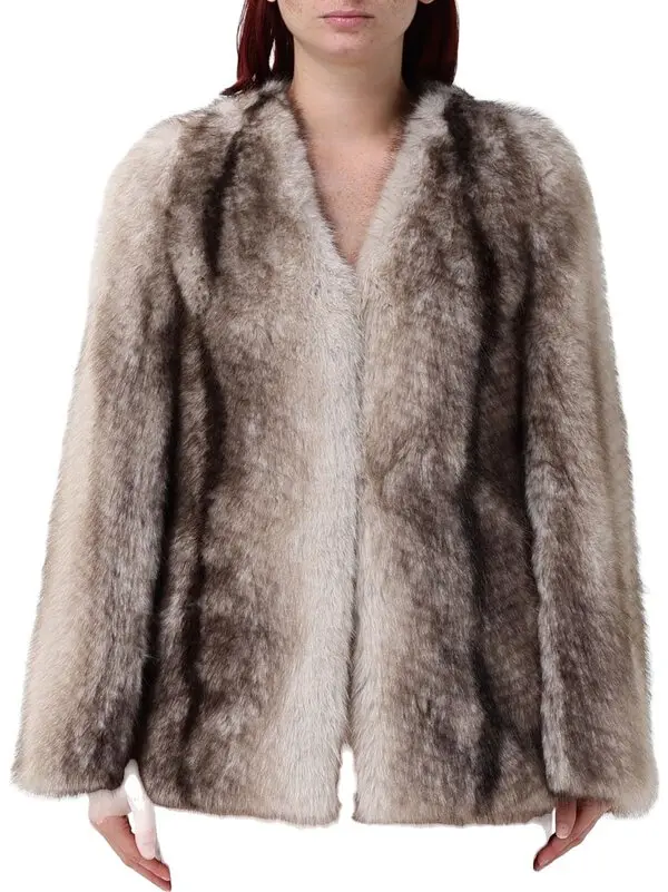 TWINSET Cropped Faux Fur Jacket With Classic Collar And Concealed Fastening - Beige