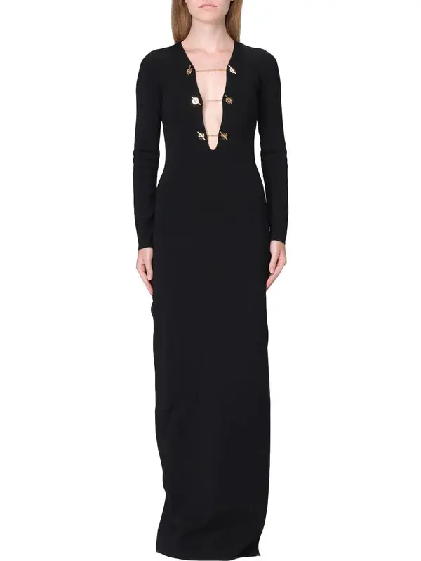 Elisabetta Franchi V-neck Knit Long Sheath Dress With Slit - Black