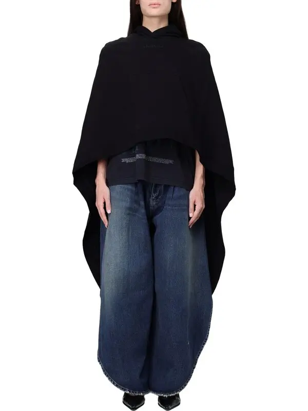 Balenciaga Oversized Long Cotton Cape With Hood And Asymmetrical Hem - Black