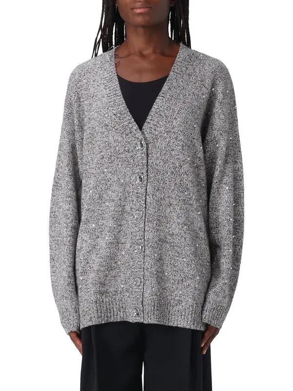 Pinko V-neck Wool Blend Cardigan With Rhinestone Embellishments - White