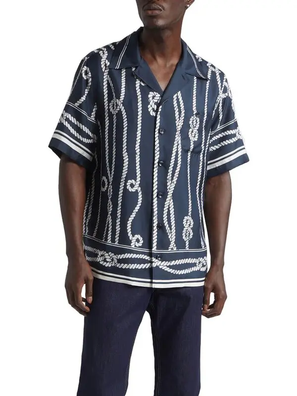 Dolce & Gabbana Marina Rope Print Washed Silk Twill Camp Shirt - Corde F.blu Navy