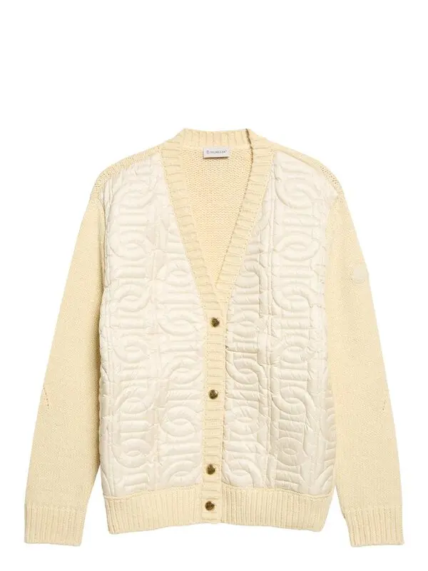 Moncler Mixed Media Quilted Cotton Blend Cardigan - Beige