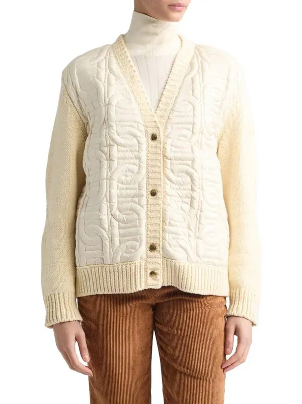 Moncler Mixed Media Quilted Cotton Blend Cardigan - Beige
