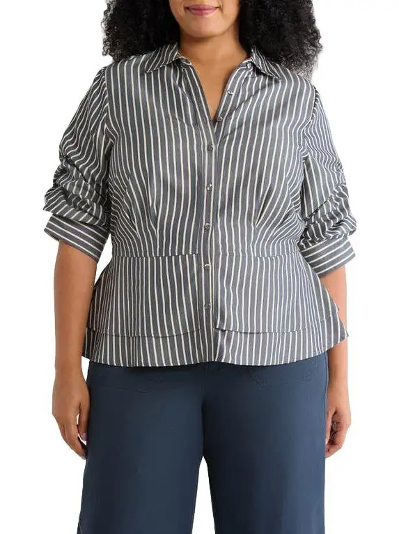 Wit & Wisdom Double Peplum Striped Button-down Top - Navy/ecru