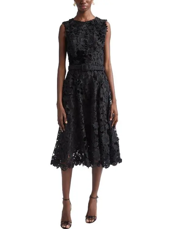 Oscar De La Renta Feather Scroll Guipure Lace Midi Dress - Black