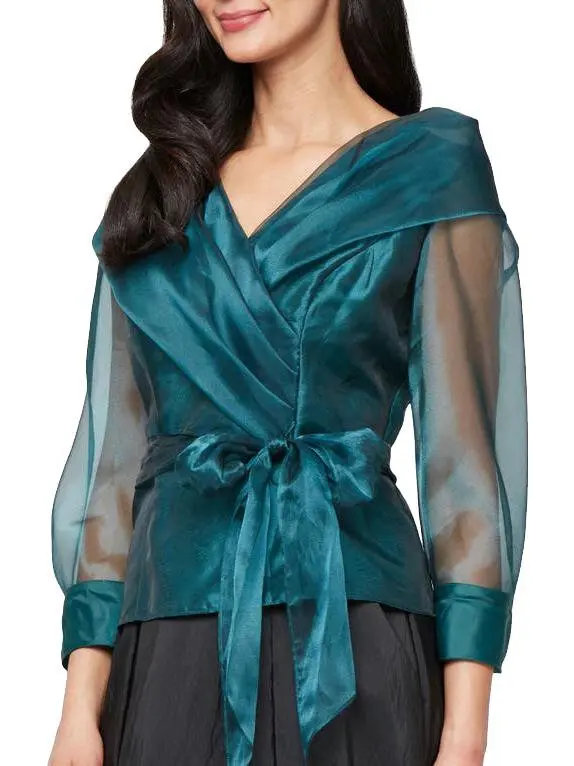 Alex Evenings Shawl Collar Organza Top - Emer Grn