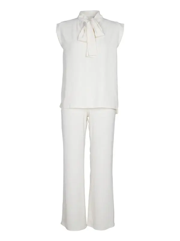 MODENAIRE Sleeveless Tie-neck Blouse And Wide-leg Pant Set - White