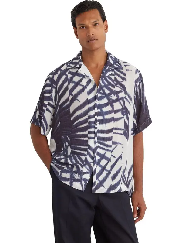 REISS Shindora Plissé Printed Cuban-collar Shirt - Navy/white
