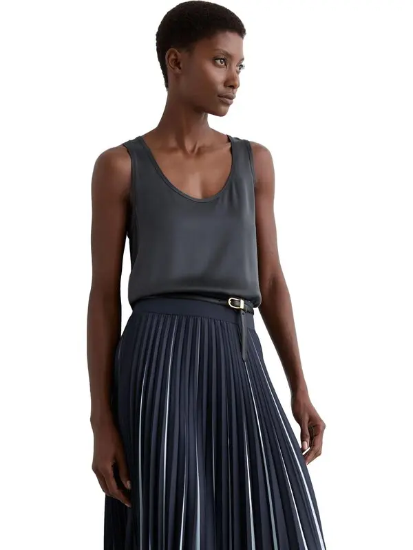 REISS Ruby Silk-front Cami Top - Navy