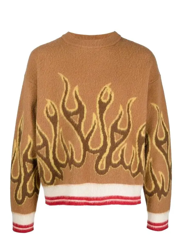 Palm Angels Fw22 Flames Intarsia Crew Knit - Yellow