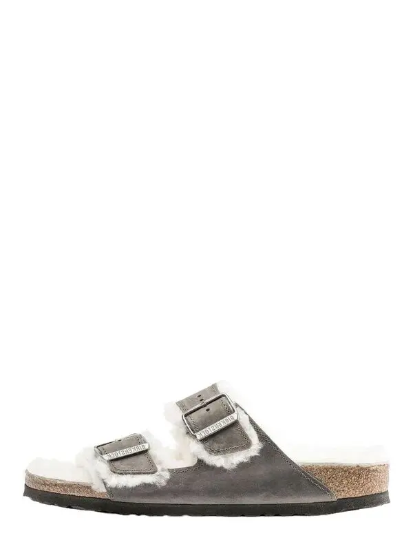 BIRKENSTOCK Arizona Shearling Waxy Leather Oiled Sandals - Grey