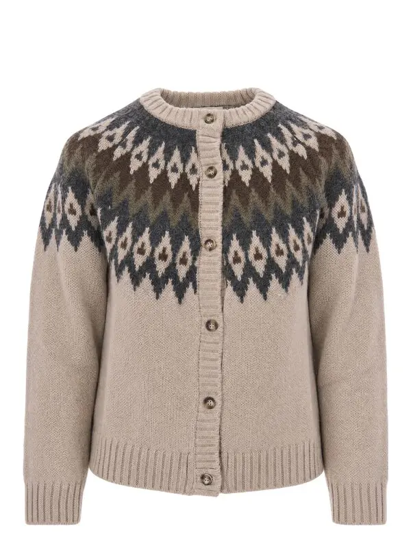 Max Mara Targa Jacquard Crewneck Cardigan - Light Brown