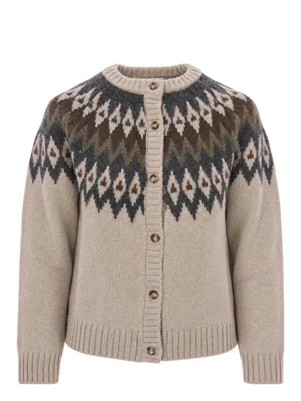 Max Mara Targa Jacquard Crewneck Cardigan - Light Brown