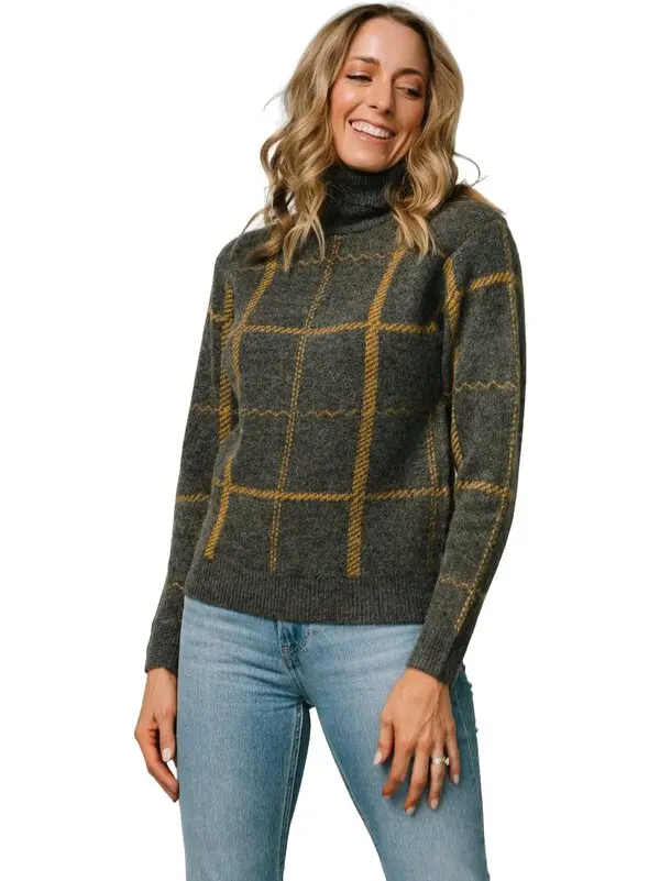 LUMIERE Arden Turtleneck Sweater With Windowpane Pattern - Dark Gray