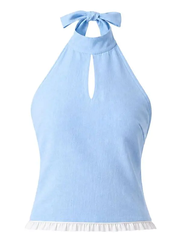 IMAURA Halter Top With Keyhole Detail And Ruffled Hem - Blue