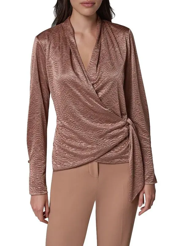 Donna Karan New York Crinkle Satin Tie Waist Top - Camel
