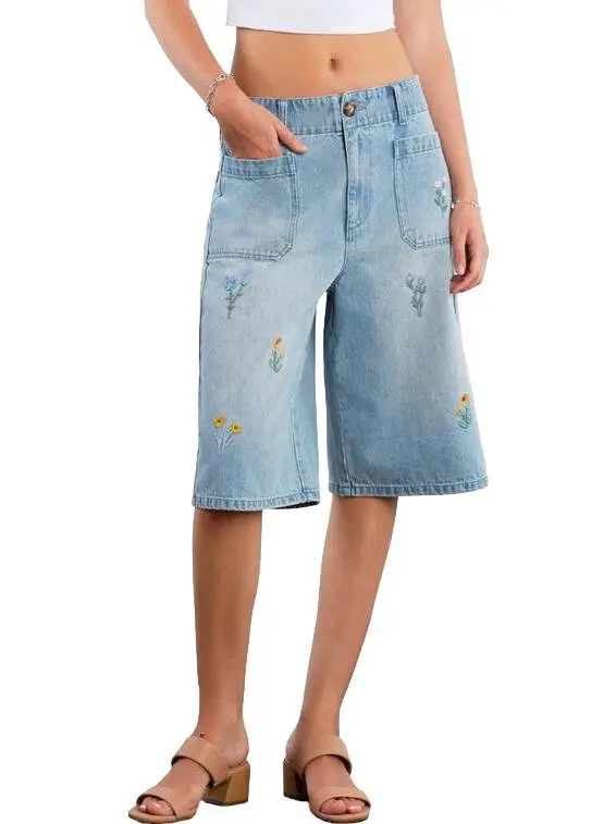 BILLY T Embroidered Denim Culottes - Washed Blue