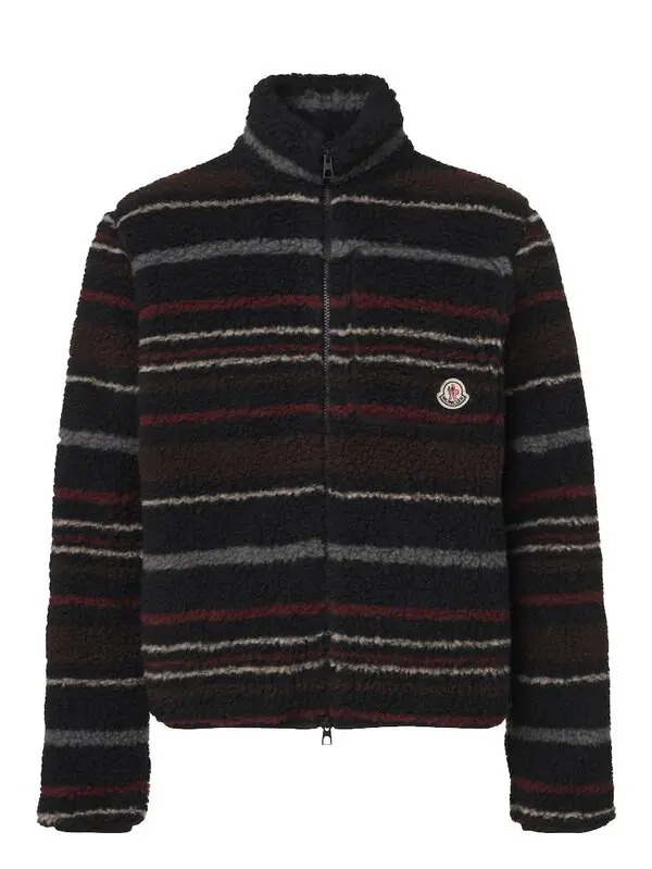Moncler Striped Wool-blend Fleece Zip-up Cardigan - Black