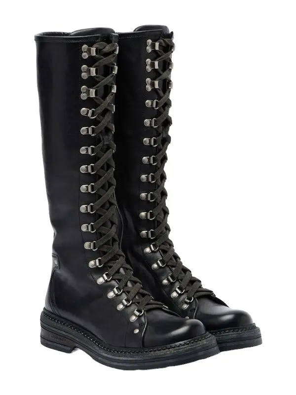 Miu Miu Leather Lace-up Boots - Black