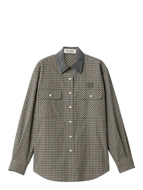 Miu Miu Checked Flannel Shirt With Logo Patch - Grey/sand