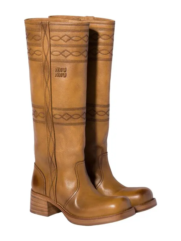 Miu Miu Embroidered Leather Knee-high Boots - Light Tan